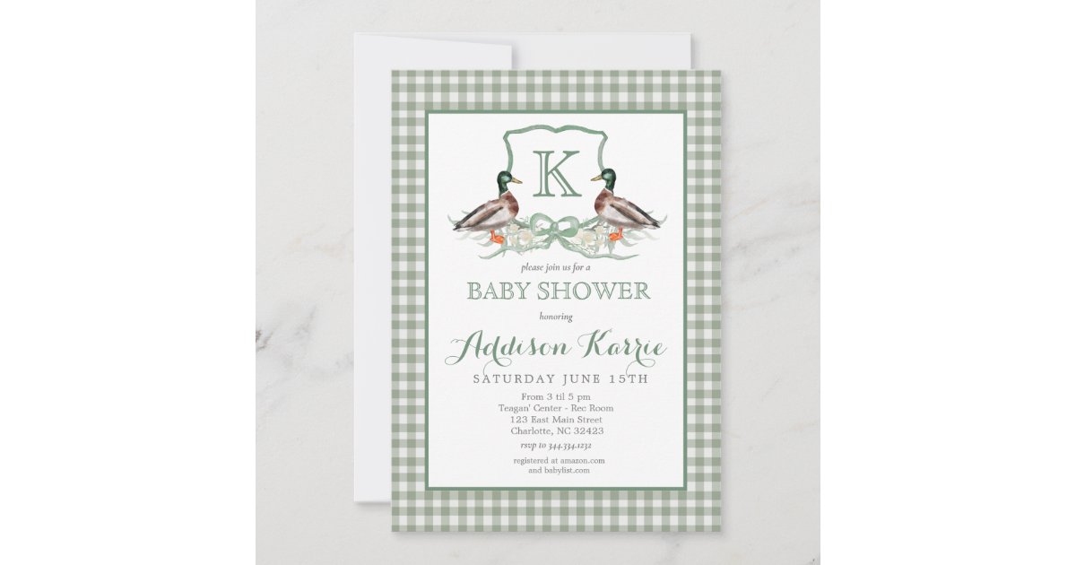 Preppy Duck Gingham Crest Baby Shower Invitation | Zazzle