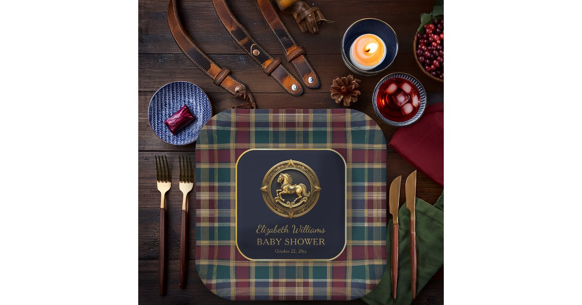 Preppy Equestrian Rocking Horse Blue Baby Shower Paper Plates | Zazzle