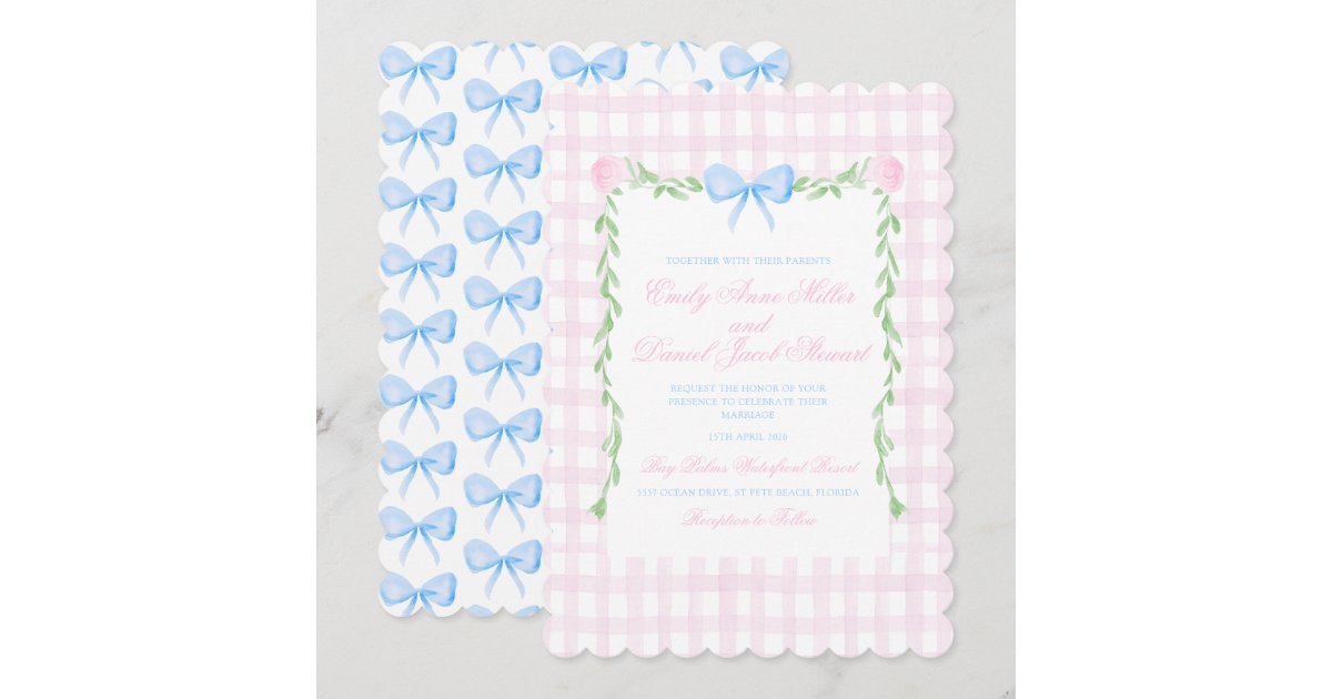 Preppy Floral Watercolor Bow Wedding Invitation | Zazzle