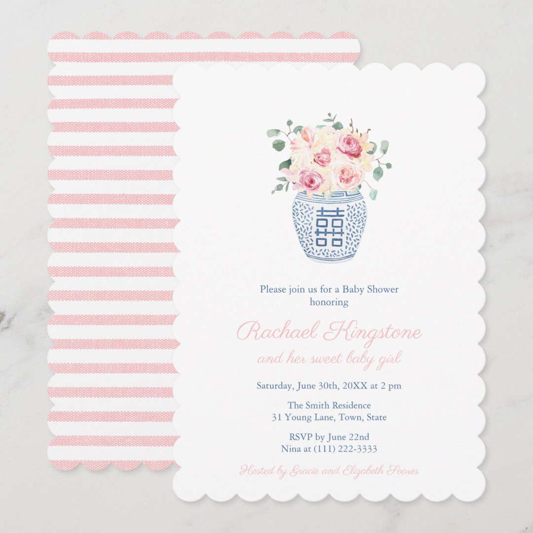 Preppy Ginger Jar Pink Florals Girl Baby Shower Invitation | Zazzle
