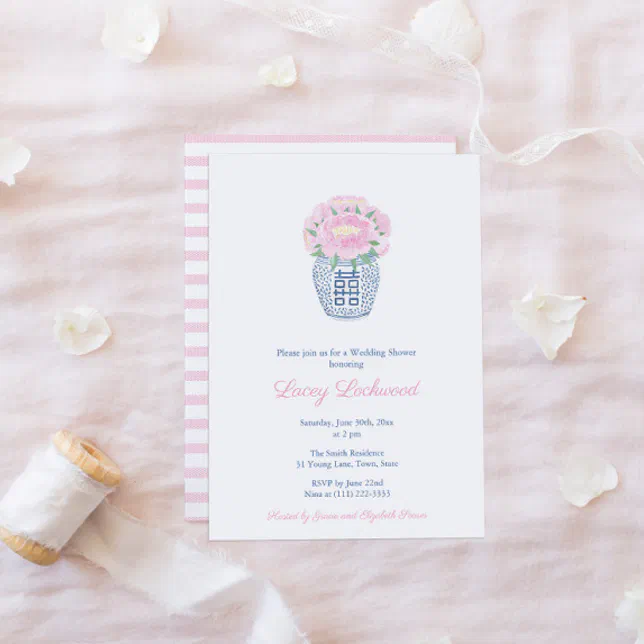 Preppy Ginger Jar Pink Peonies Girl Baby Shower Invitation | Zazzle