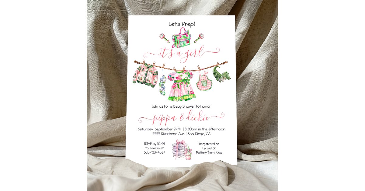 Preppy Girl clothesline Baby Shower Invitation | Zazzle