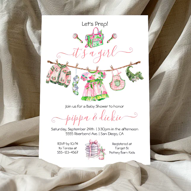 Preppy Girl clothesline Baby Shower Invitation | Zazzle