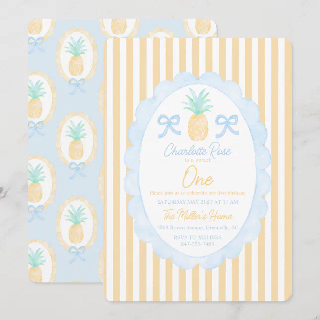 Preppy Girls Summer Pineapple First Birthday Invitation | Zazzle