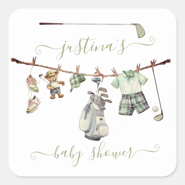 Preppy Golf Baby Shower Clothesline Square Sticker | Zazzle