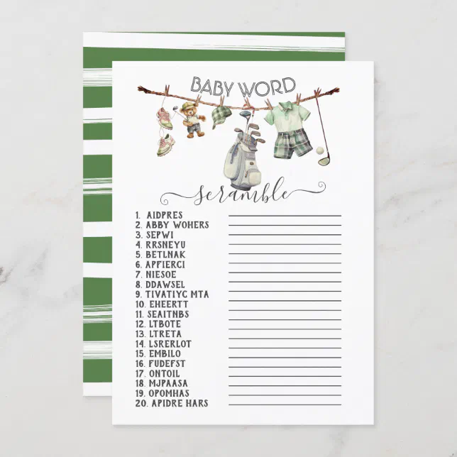 Preppy Golf Clothesline Baby Word Scramble Invitation | Zazzle