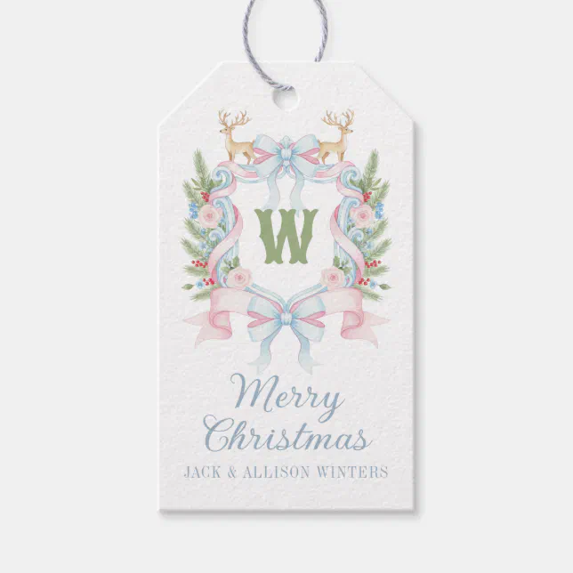 Preppy Grandmillennial Christmas Monogram Crest Gift Tags | Zazzle