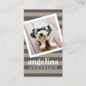 Preppy Gray Striped Pattern Custom Name and Photo Business Card | Zazzle