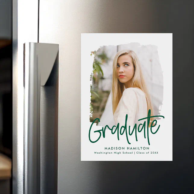 Preppy Green Script Photo Graduation Magnetic Invitation | Zazzle