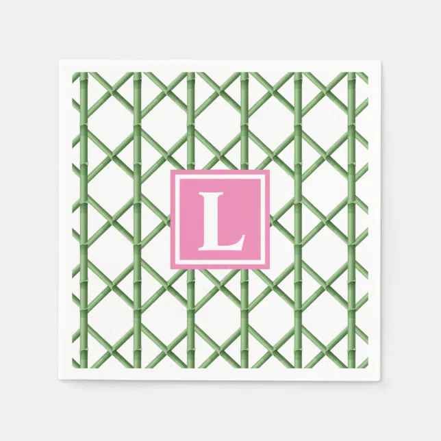 Preppy Green Trellis Bamboo Pattern Monogram Napkins | Zazzle