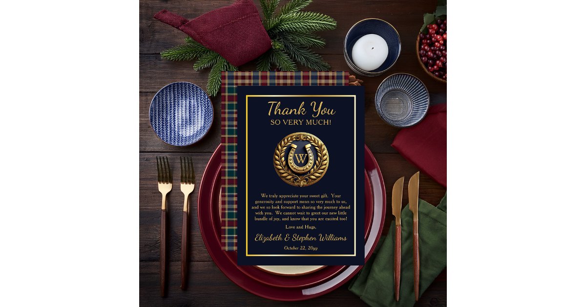 Preppy Horseshoe Emblem Blue Flat Thank You Card | Zazzle