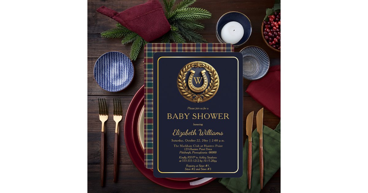 Preppy Horseshoe Plaid Monogram Baby Shower Invitation | Zazzle