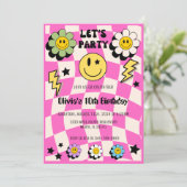 Preppy Hot Pink Retro Happy Face Party Birthday Invitation | Zazzle