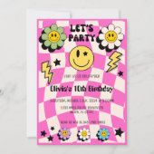 Preppy Hot Pink Retro Happy Face Party Birthday Invitation | Zazzle