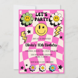 Preppy Hot Pink Retro Happy Face Party Birthday Invitation | Zazzle