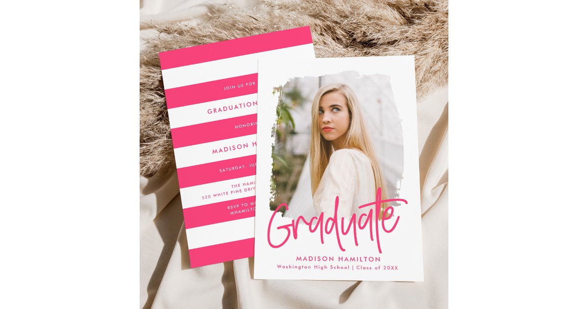 Preppy Hot Pink Script Photo Graduation Party Invitation | Zazzle