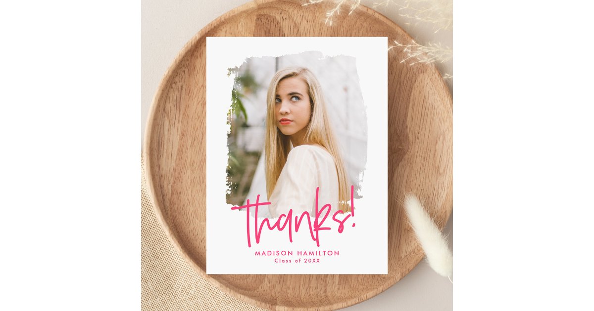 Preppy Hot Pink Script Photo Graduation Thank You Postcard | Zazzle