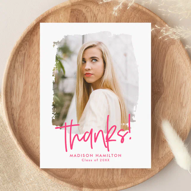 Preppy Hot Pink Script Photo Graduation Thank You Postcard | Zazzle