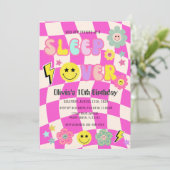 Preppy Hot Pink Y2K Sleep Over Happy Face Birthday Invitation | Zazzle