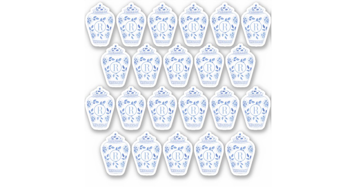 Preppy Monogram Blue And White Ginger Jar Sticker | Zazzle