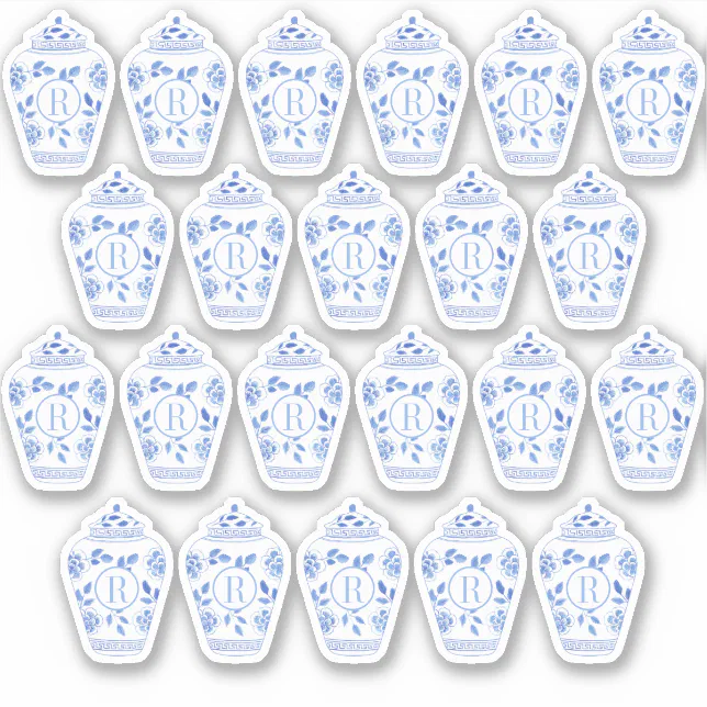 Preppy Monogram Blue And White Ginger Jar Sticker | Zazzle