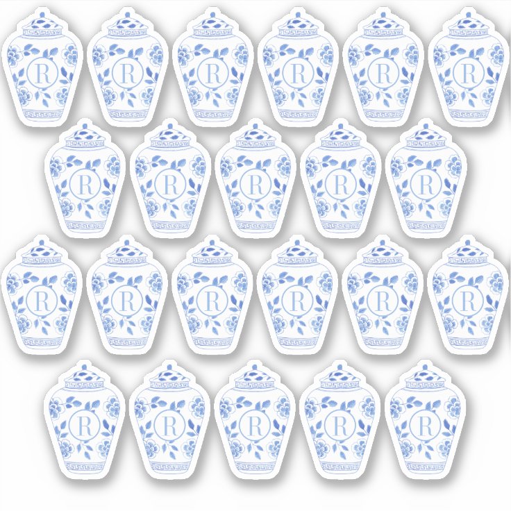 Preppy Monogram Blue And White Ginger Jar Sticker | Zazzle