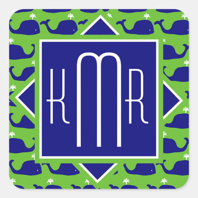 Preppy Monogram | Blue Green Whales Square Sticker | Zazzle