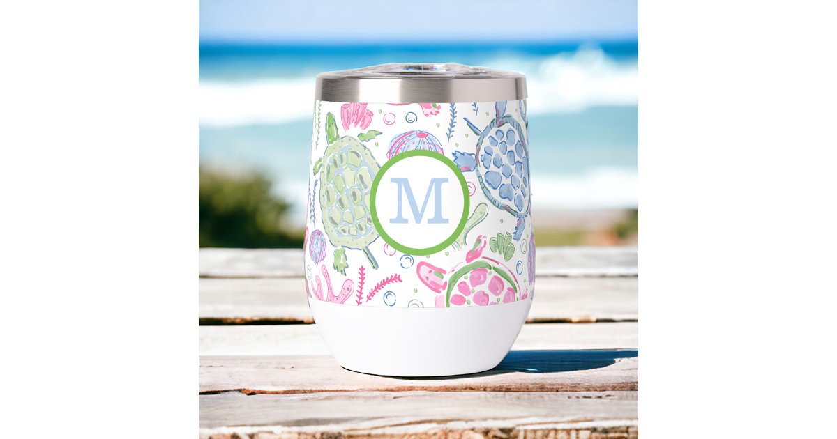 Preppy Monogram Pink Blue Sea Turtles Thermal Wine Tumbler | Zazzle