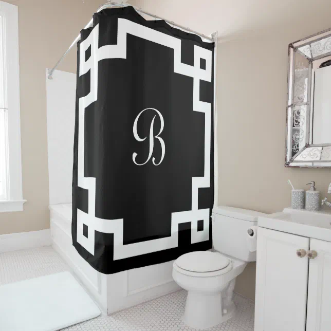 Preppy Monogram White Greek Key Border Black Shower Curtain | Zazzle
