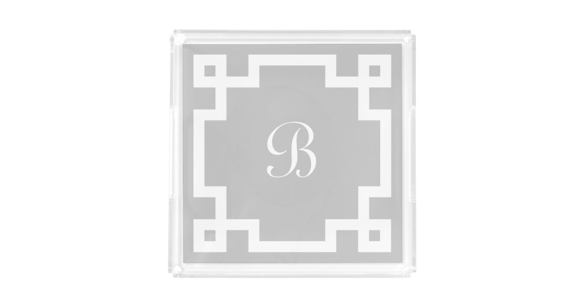 Preppy Monogram White Greek Key Border Gray Acrylic Tray | Zazzle