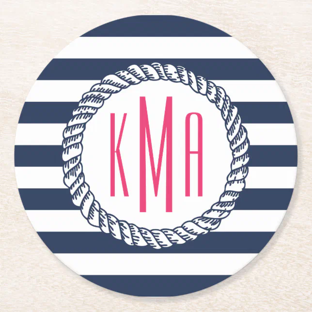 Preppy Nautical Navy & White Stripe Pink Monogram Round Paper Coaster ...
