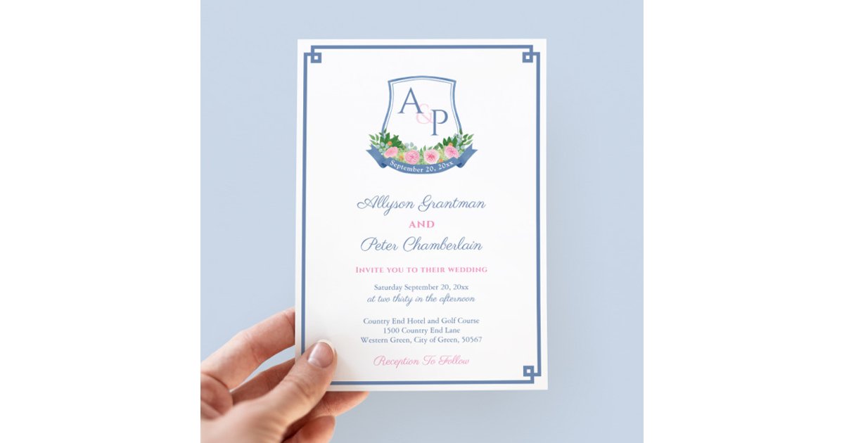Preppy Navy and Pink Monogram Crest Wedding Invitation | Zazzle