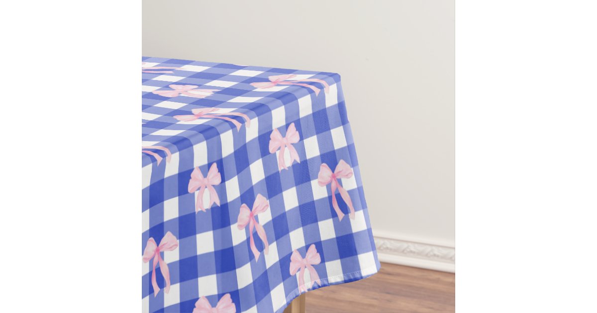 Preppy Navy Plaid with Pink Watercolor Bows Tablecloth | Zazzle