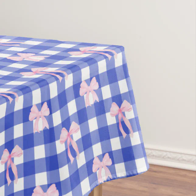 Preppy Navy Plaid with Pink Watercolor Bows Tablecloth | Zazzle