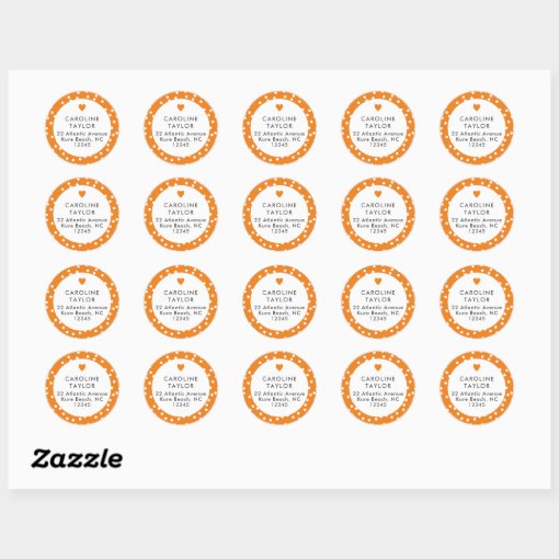 Preppy Orange Heart Polka Dots Cute Girly Address Classic Round Sticker ...