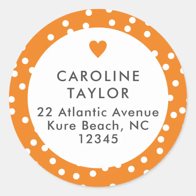 Preppy Orange Heart Polka Dots Cute Girly Address Classic Round Sticker ...