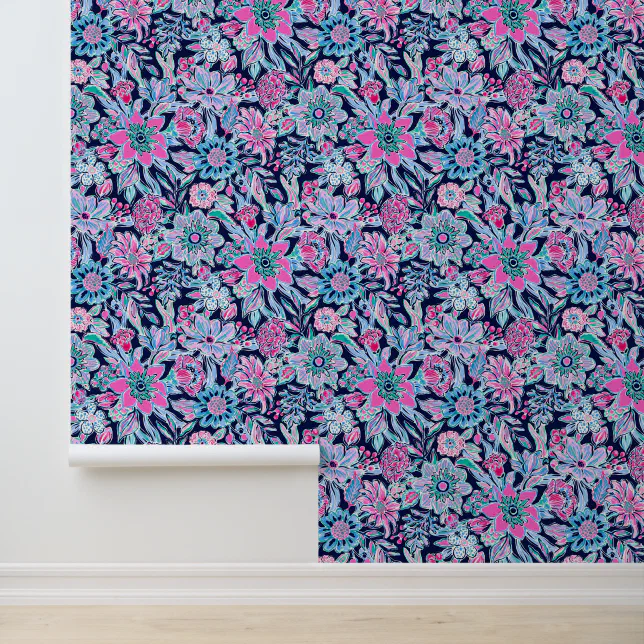 Preppy Palm Beach Blue & Pink Flowers Wallpaper | Zazzle