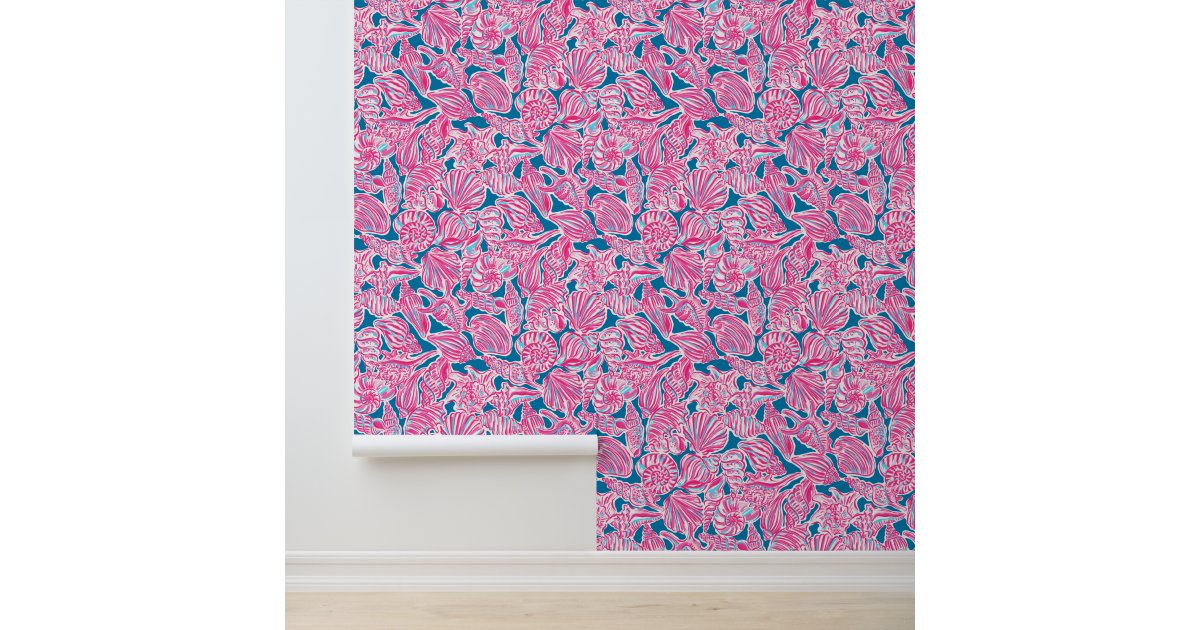 Preppy Palm Beach Blue & Pink Seashells Wallpaper | Zazzle