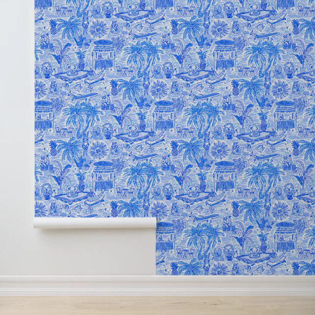 Preppy Palm Beach Blue & White Animal Vacation Wallpaper | Zazzle