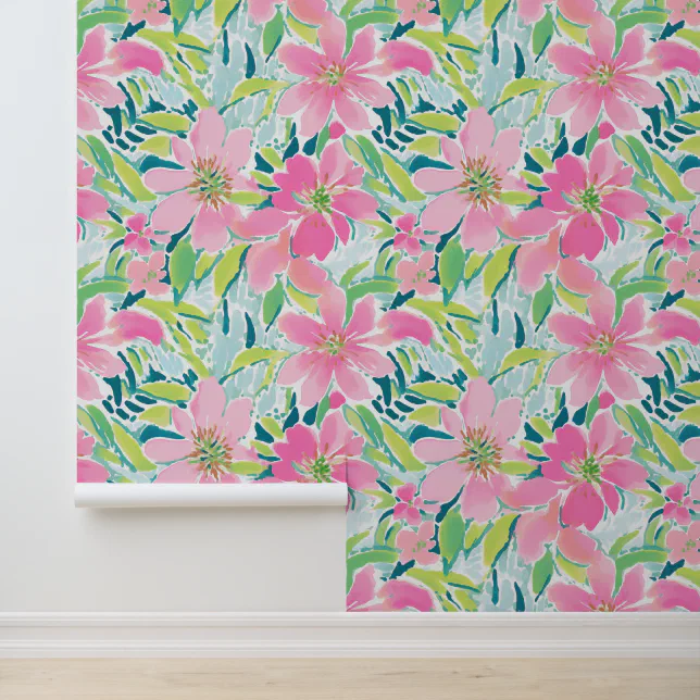 Preppy Palm Beach Pink and Green Tropical Flowers Wallpaper | Zazzle