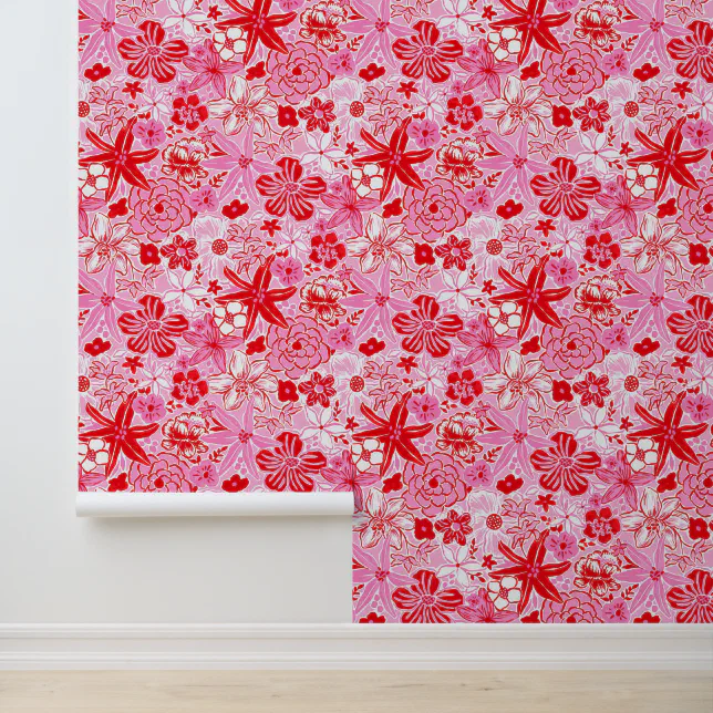 Preppy Palm Beach Pink and Red Flowers Wallpaper | Zazzle