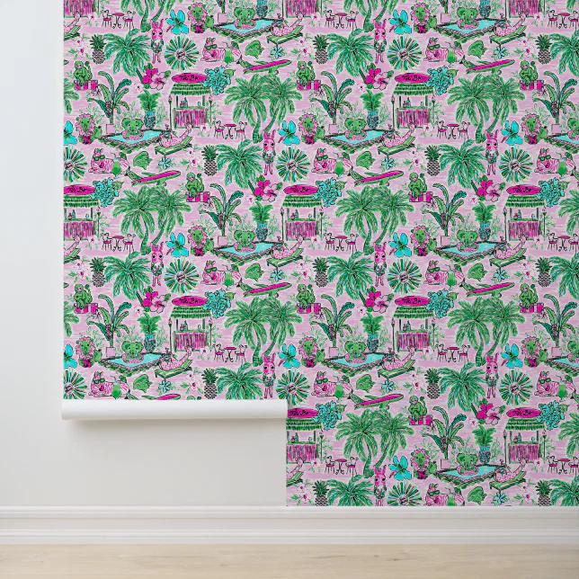 Preppy Palm Beach Pink & Green Animal Vacation Wallpaper | Zazzle