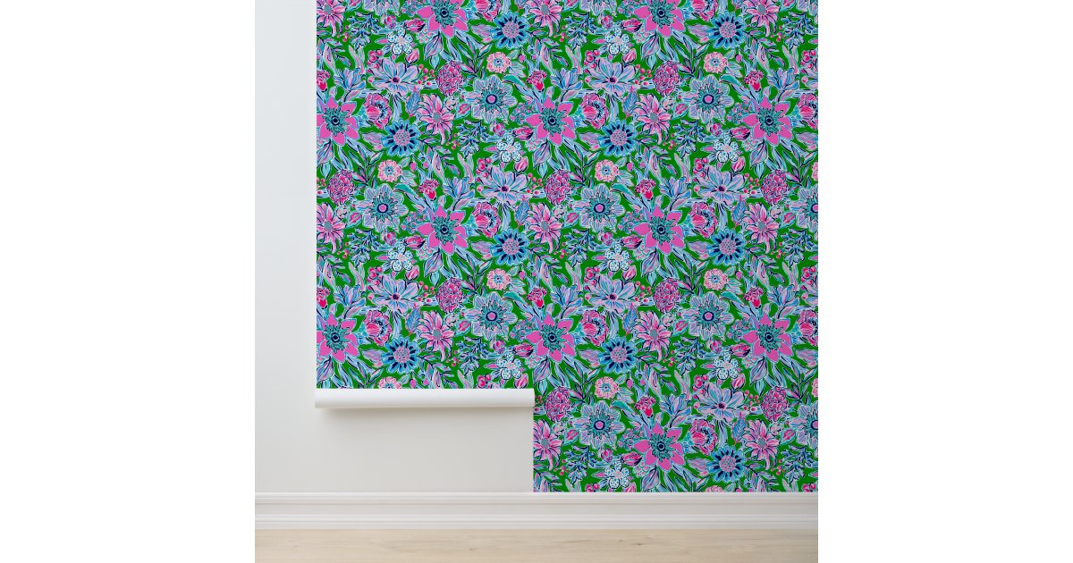 Preppy Palm Beach Pink & Green Flowers Wallpaper | Zazzle
