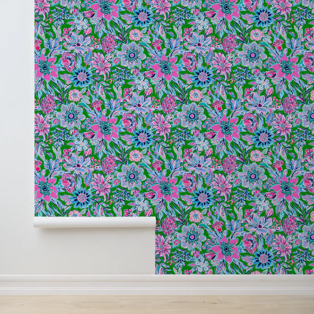 Preppy Palm Beach Pink & Green Flowers Wallpaper | Zazzle