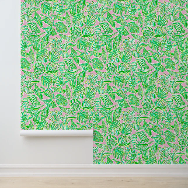Preppy Palm Beach Pink & Green Seashells Wallpaper | Zazzle