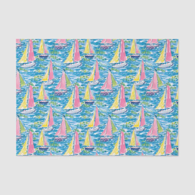 Preppy Palm Beach Print Pink and Yellow Sailboats Tissue Paper | Zazzle