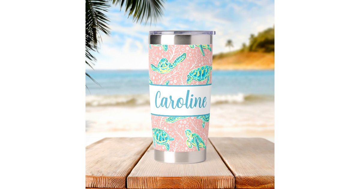 Preppy Palm Beach Print Pink Pink & Blue Turtles Insulated Tumbler | Zazzle