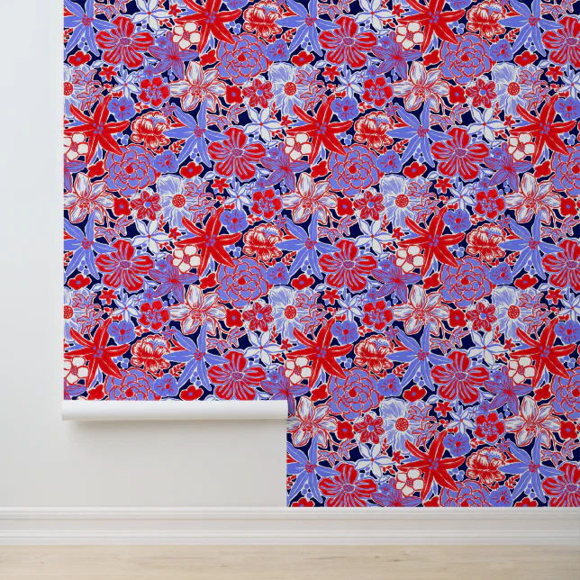 Preppy Palm Beach Red, White & Blue Flowers Wallpaper | Zazzle
