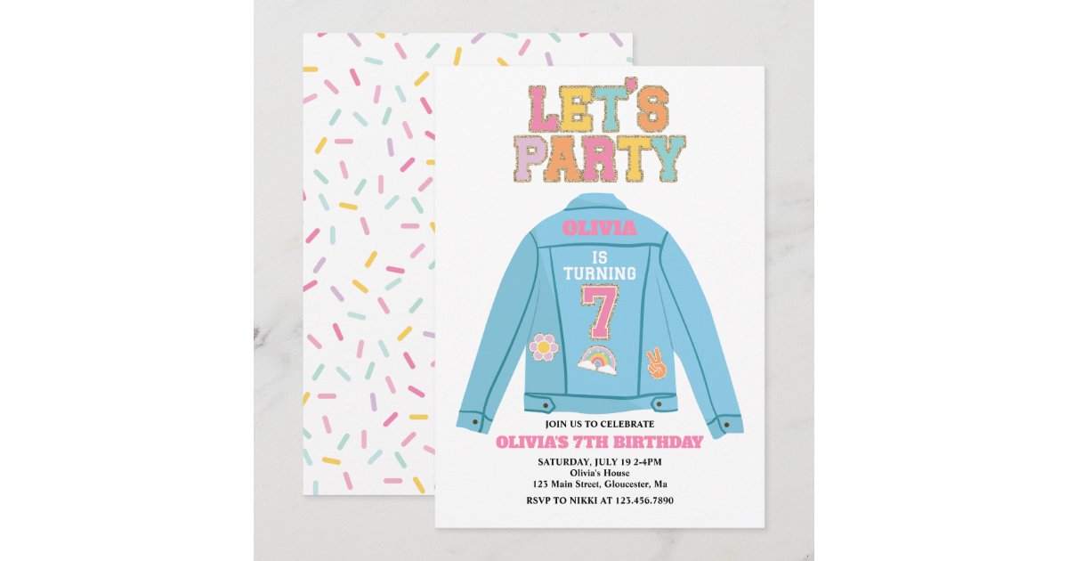 Preppy Patch jean jacket 7TH Birthday Invitation | Zazzle
