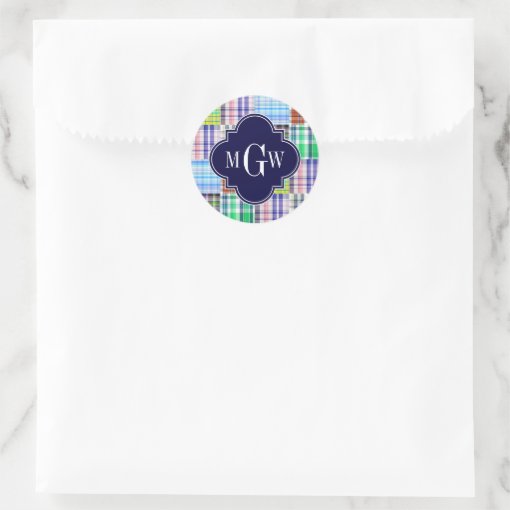 Preppy Patchwork Madras Navy Quatrefoil Monogram Classic Round Sticker ...